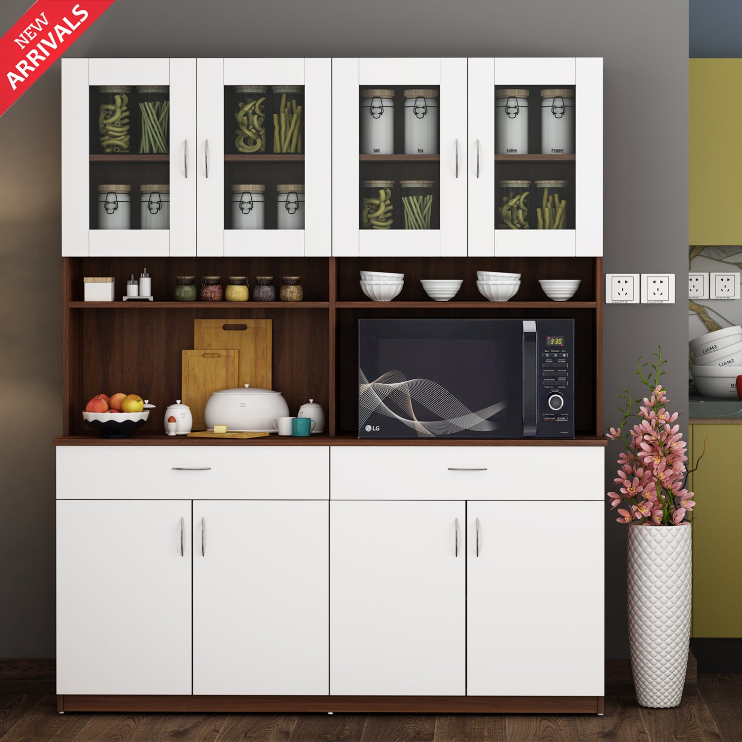 Tyson Side Crockery Unit Walnut and Frosty White