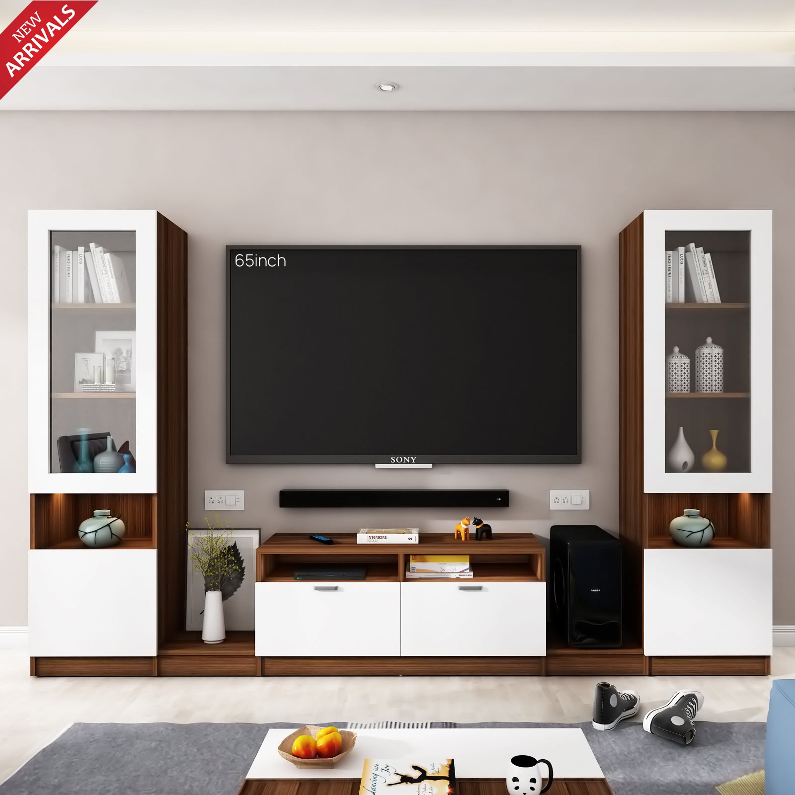Fira TV Unit | 65 Inch TV | Walnut and Frosty White