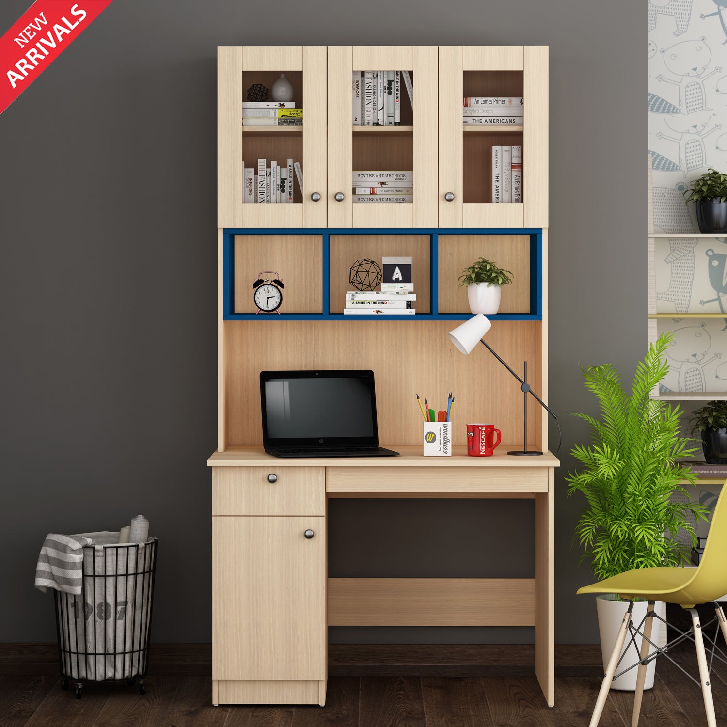Swotty Study Table with O/H Storage- Blue & Beige Teak