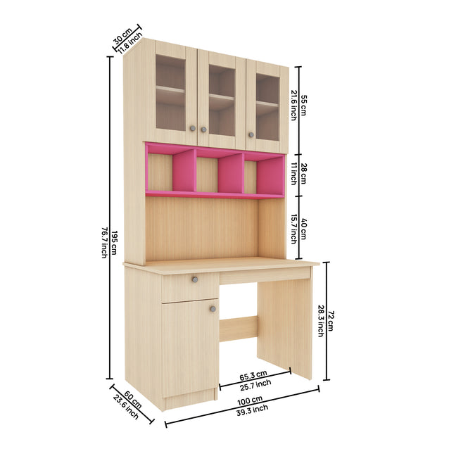 Swotty Study Table with O/H Storage | Pink and Beige Teak