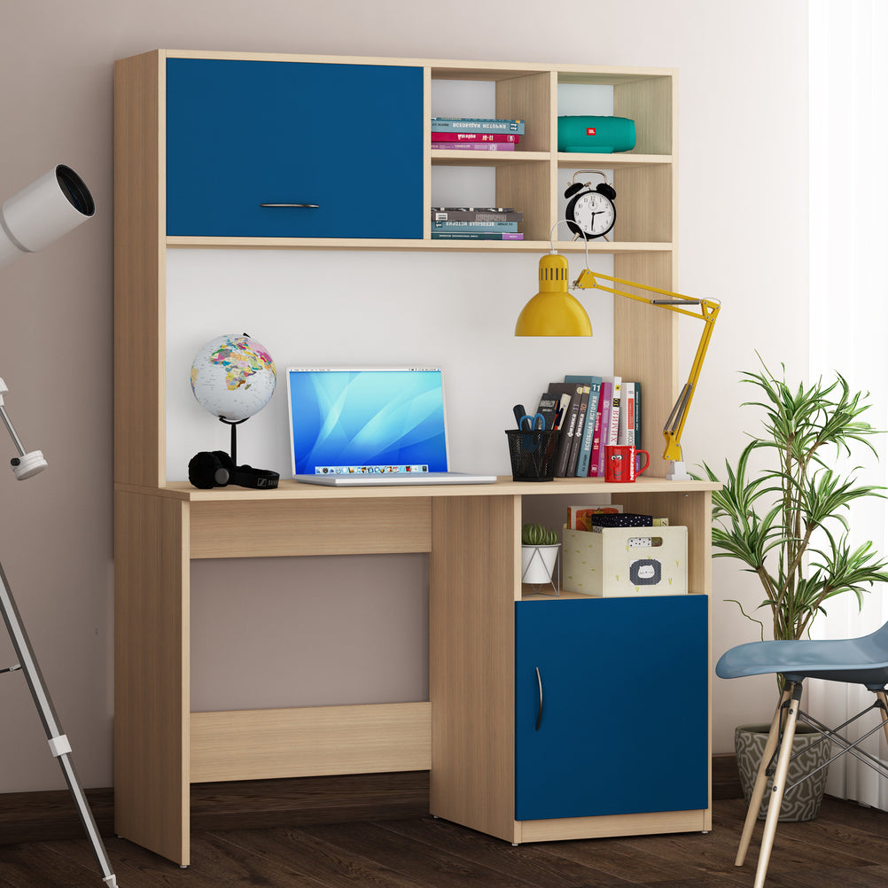 Passion Study Table | Beige Teak, Blue and Frosty White