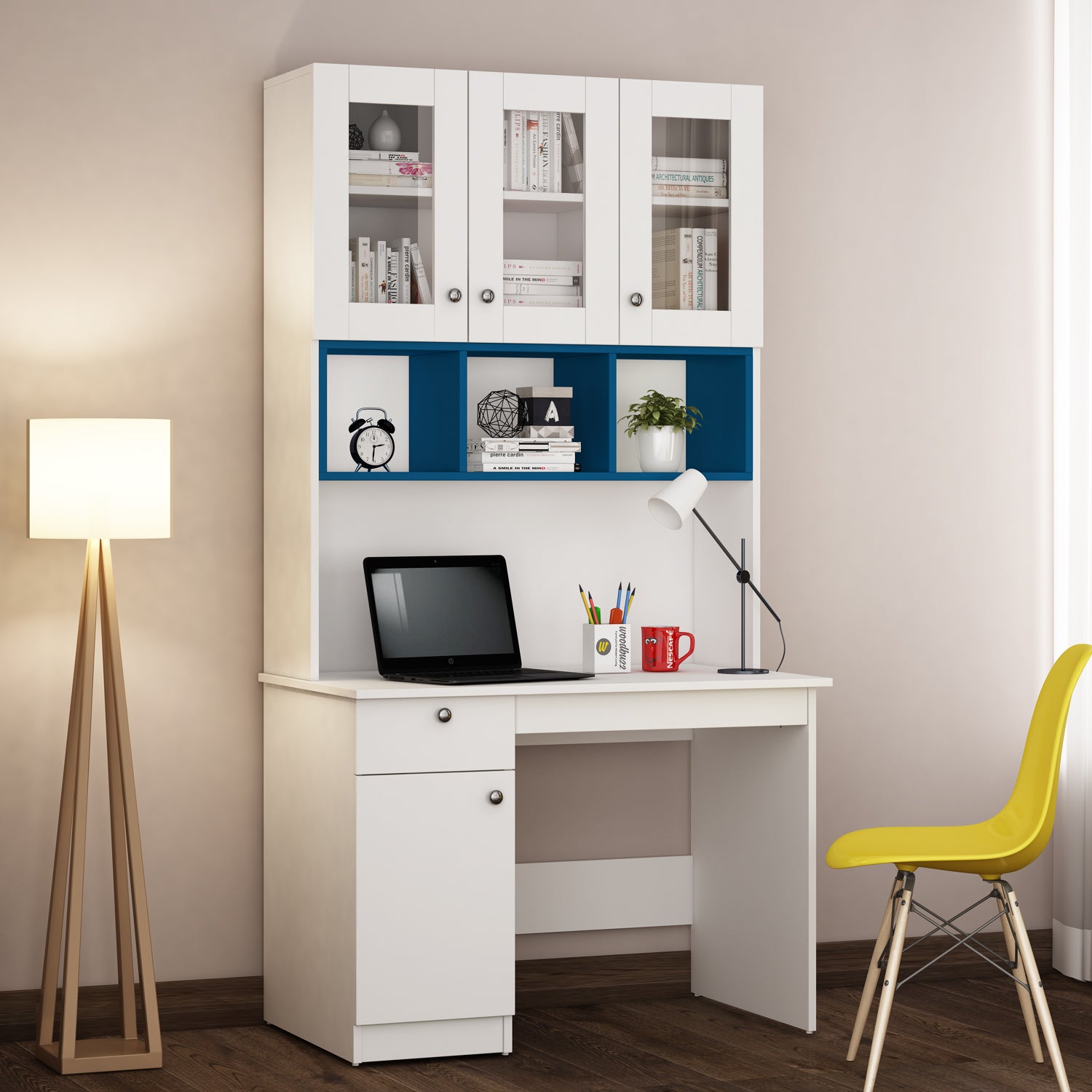 Swotty Study Table with O/H Storage | Frosty White and Blue