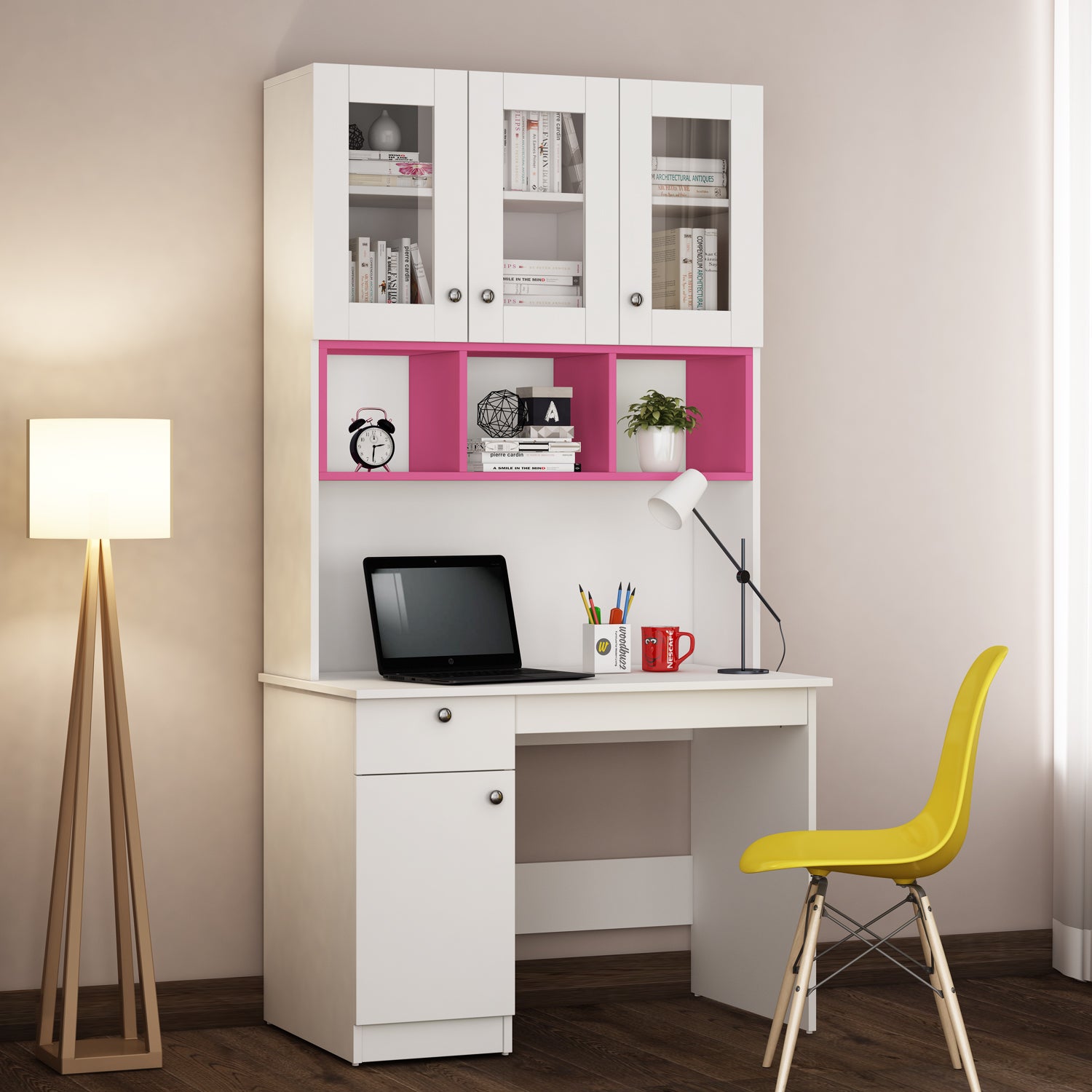 Swotty Study Table with O/H Storage | Frosty White and Pink