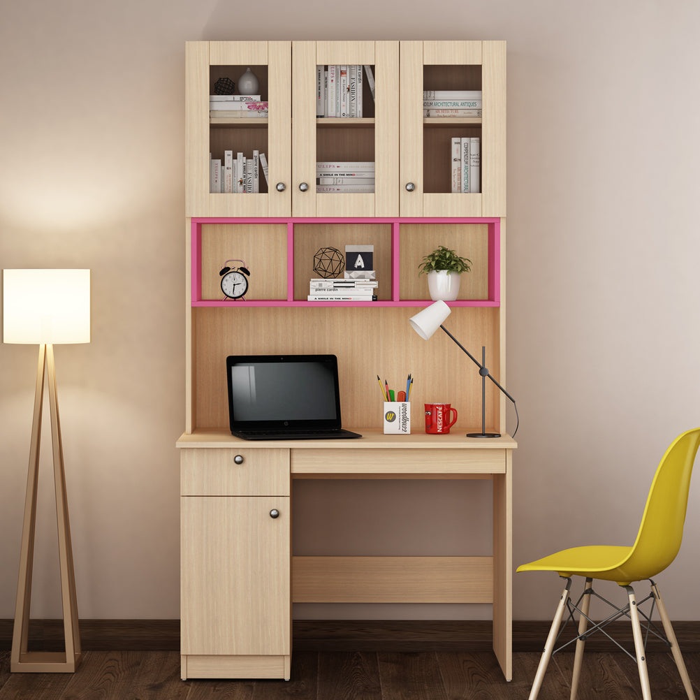 Swotty Study Table with O/H Storage | Pink and Beige Teak