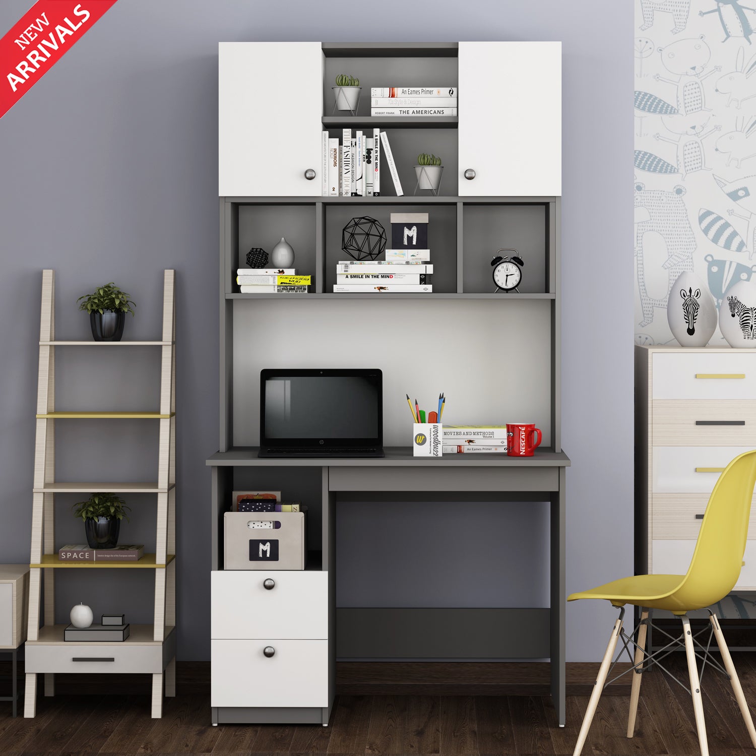 Avenly Study Table with O/H Storage | Grey and Frosty White